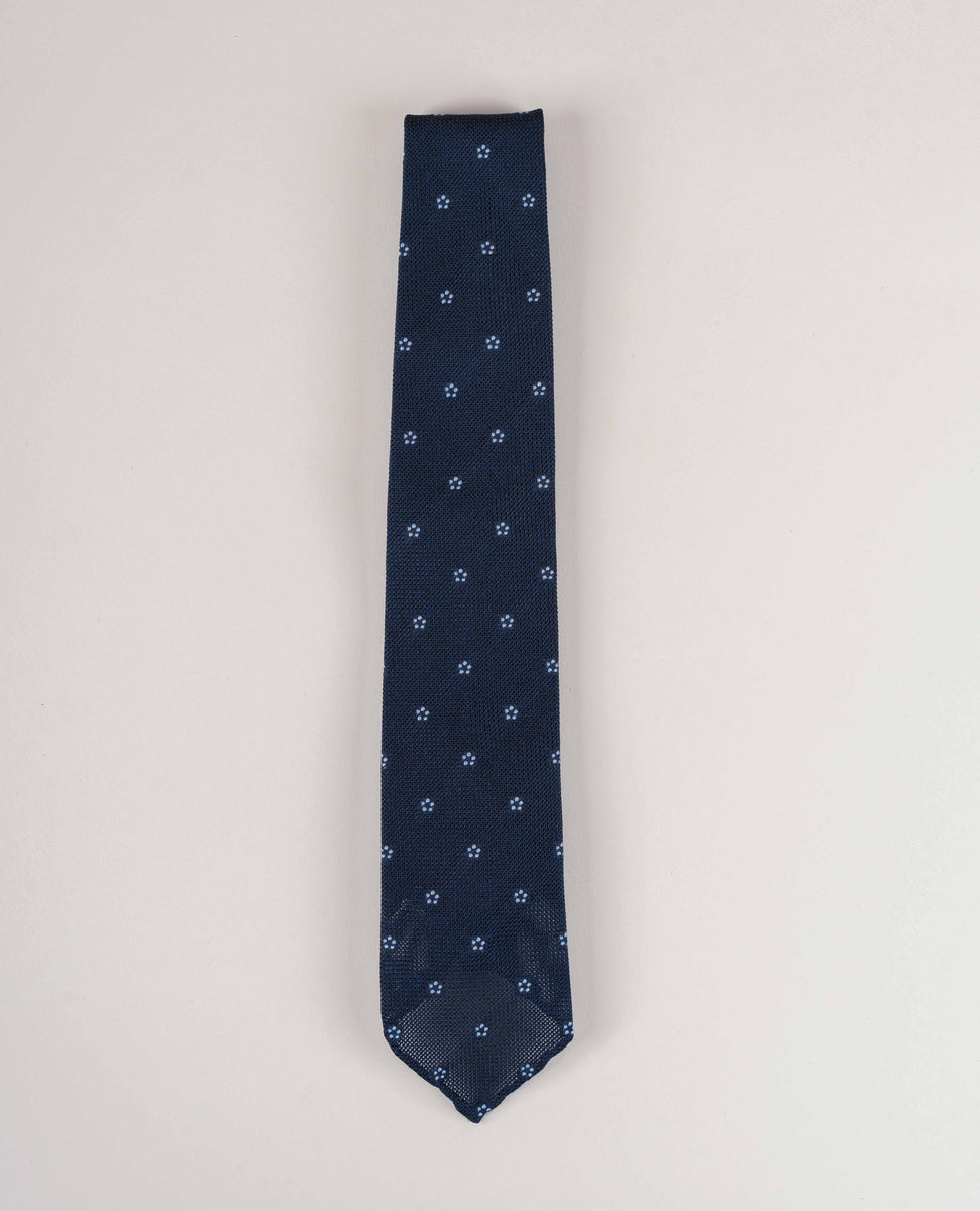 Navy Blue Grenadine Silk Tie with Light Blue Flowers | Paolo Albizzati