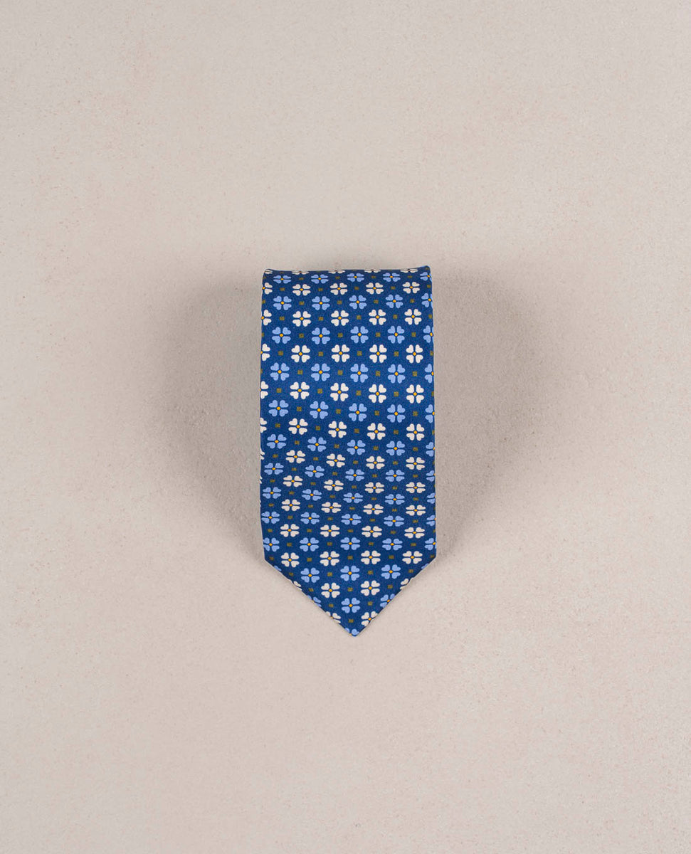 Navy Blue and White Floral Print Twill Silk Tie | Paolo Albizzati