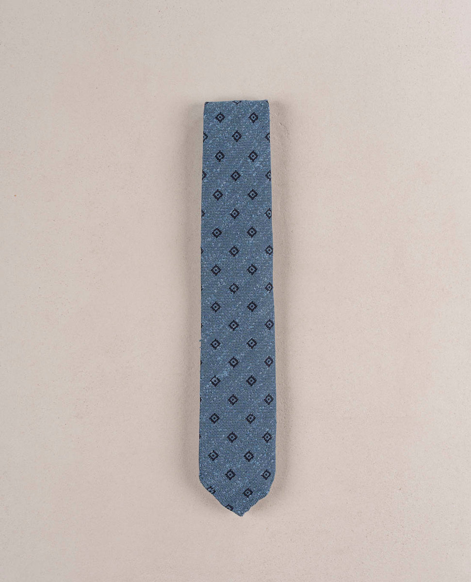 Denim Blue with Navy Micro Motif Shantung Silk Tie | Paolo Albizzati