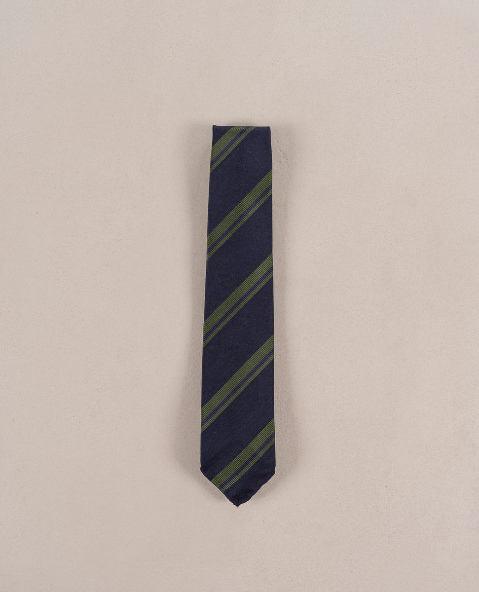 Navy Blue And Green Stripe SIlk Wool Tie | Paolo Albizzati