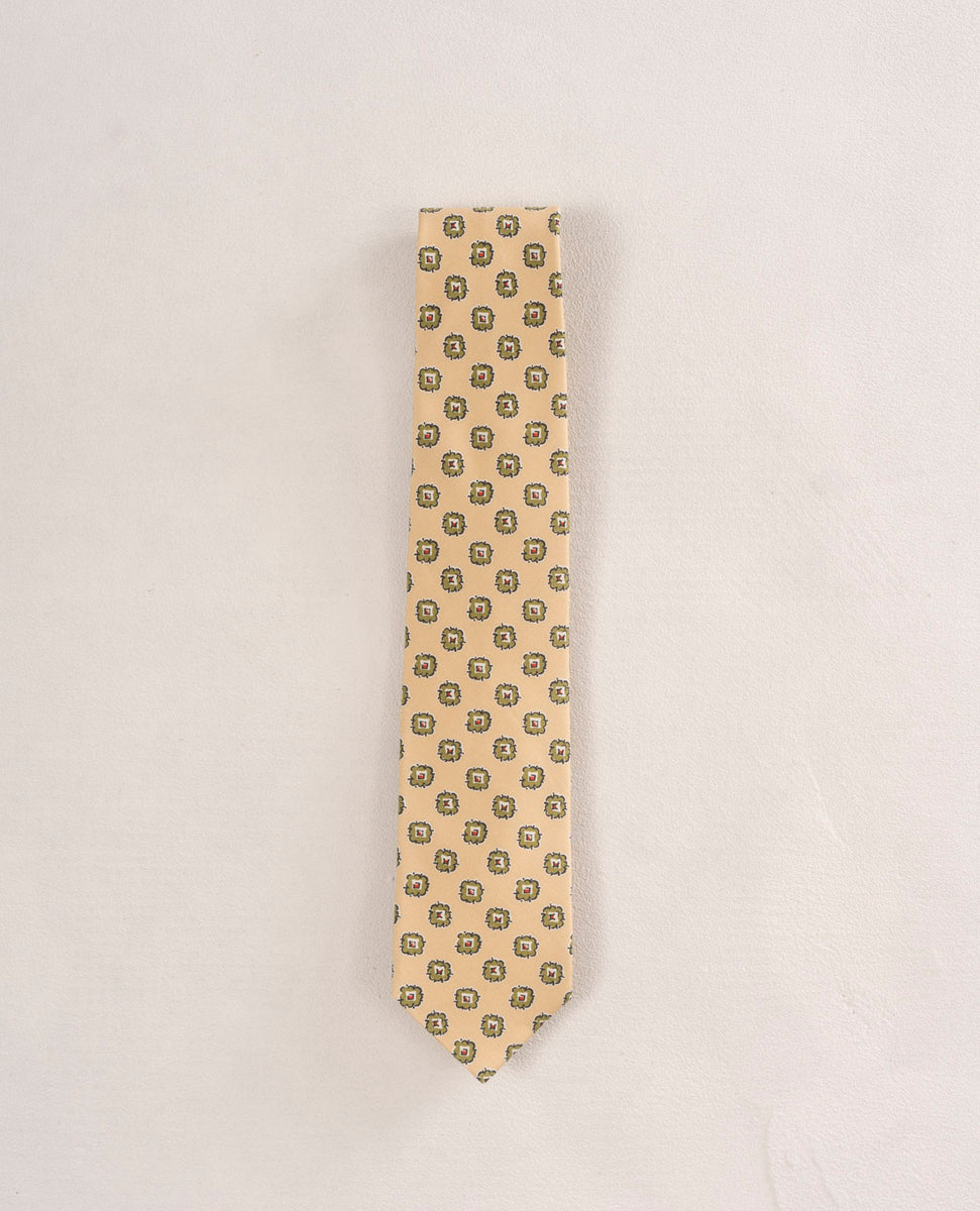 Pale Yellow and Green Printed Medallion Silk Shappe Tie | Paolo Albizzati